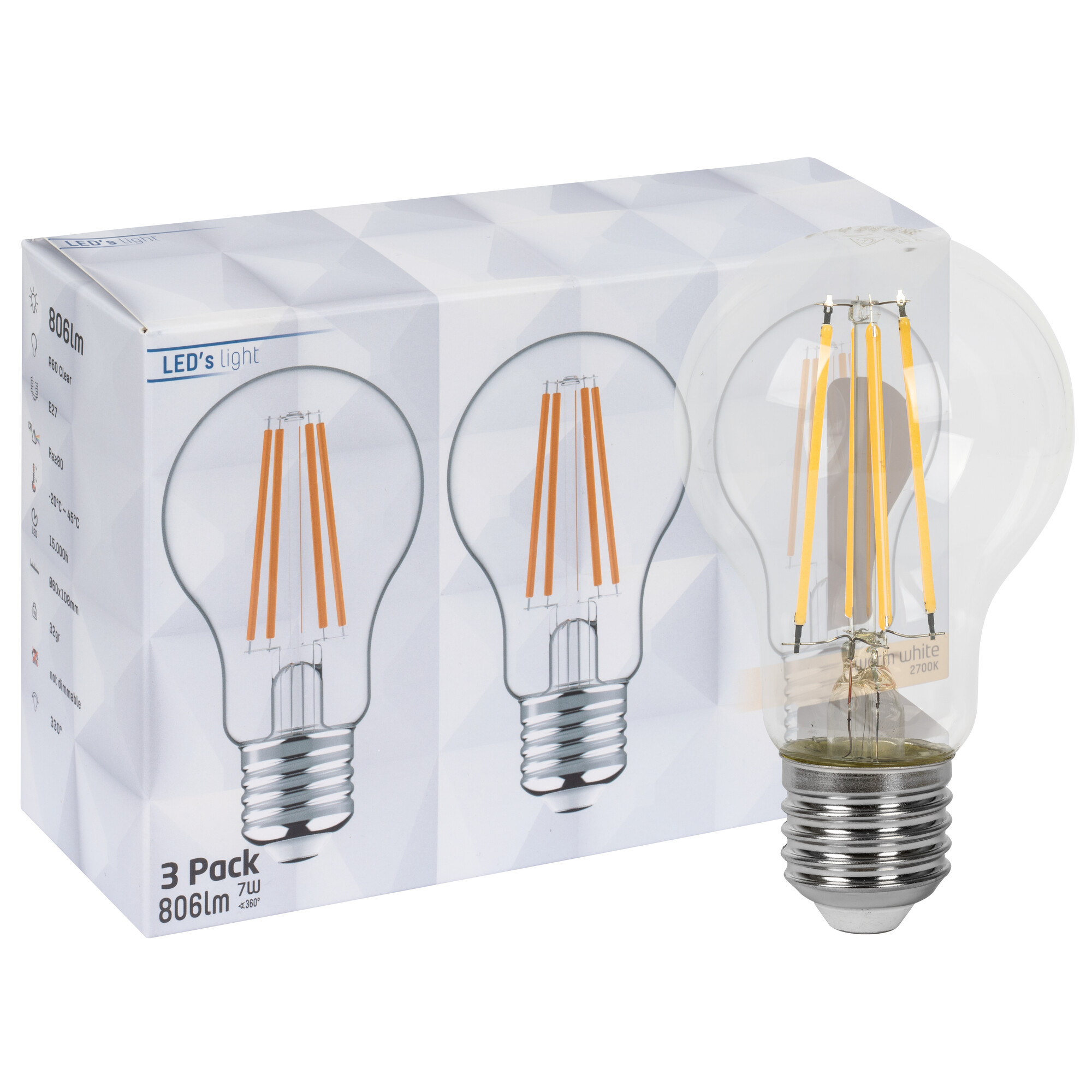 LED-Filament-Lampe, 3er-Set, AGL-Form, klar, E27/7W (60W), 806 lm, 2700K - LED ...