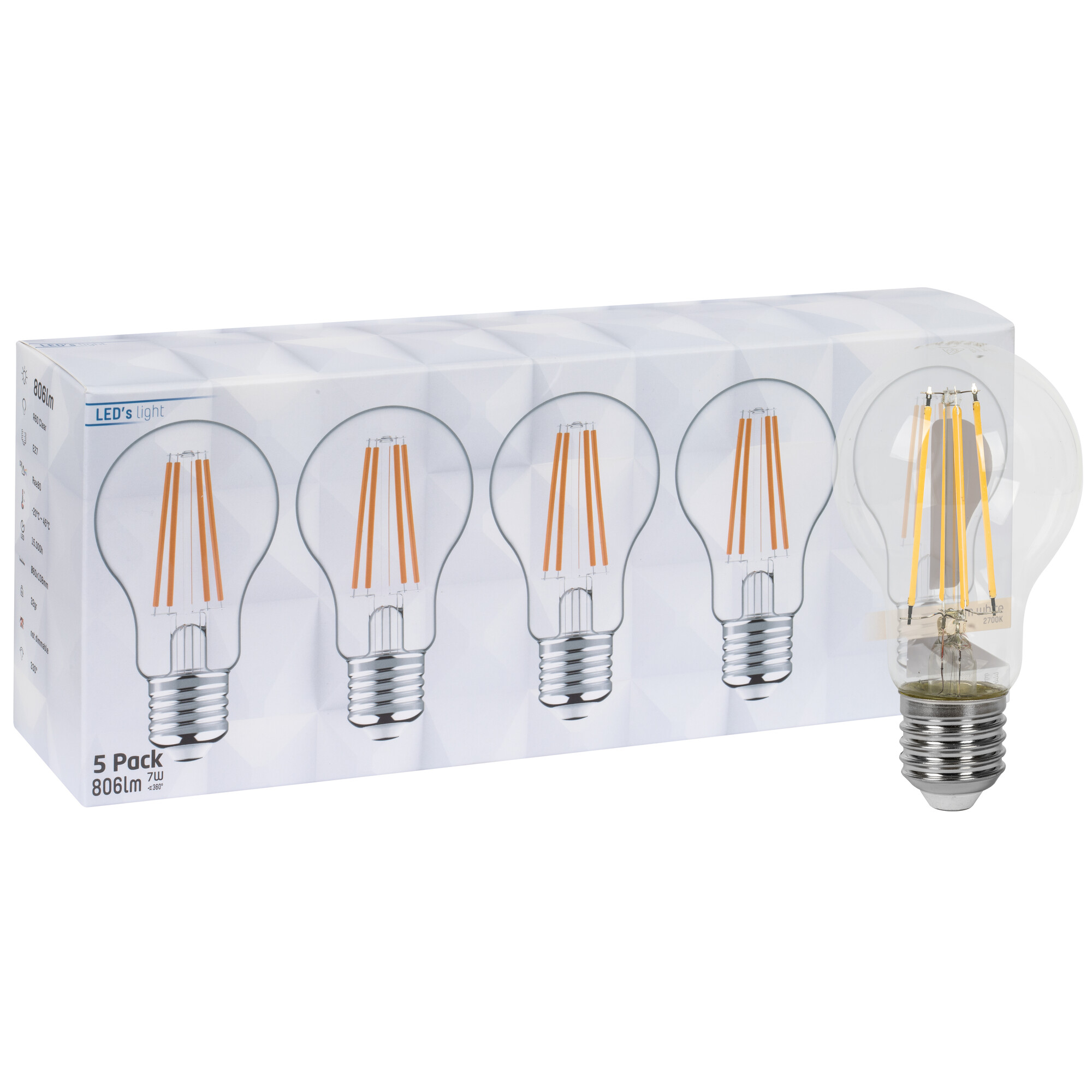 LED-Filament-Lampe, 5er-Set, AGL-Form, klar, E27/7W (60W), 806 lm, 2700K - LED ...