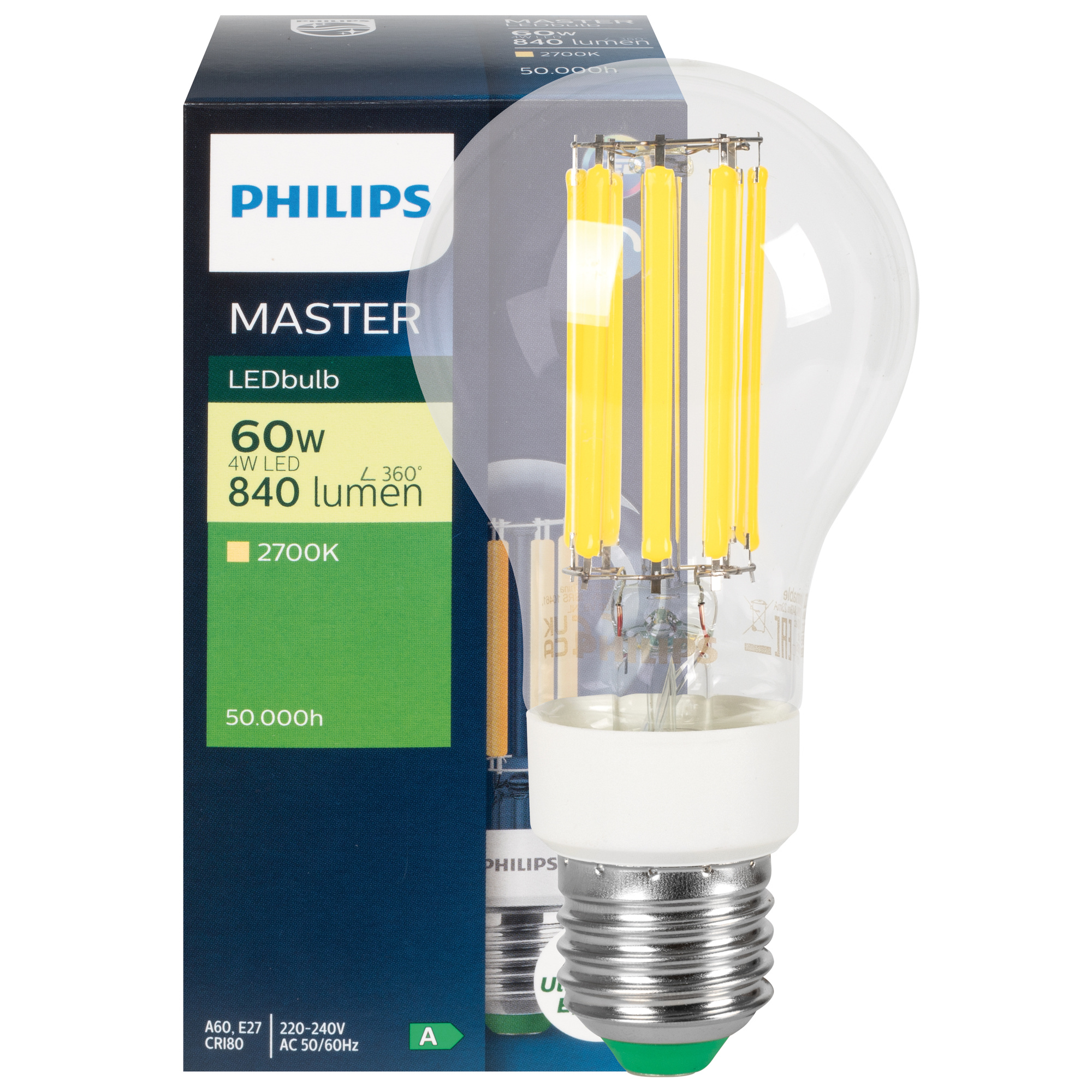 LED-Filament-Lampe, MASTER UltraEffizient, AGL-Form, klar, E27/4W (60W), 840 lm, 2700K - LED ...