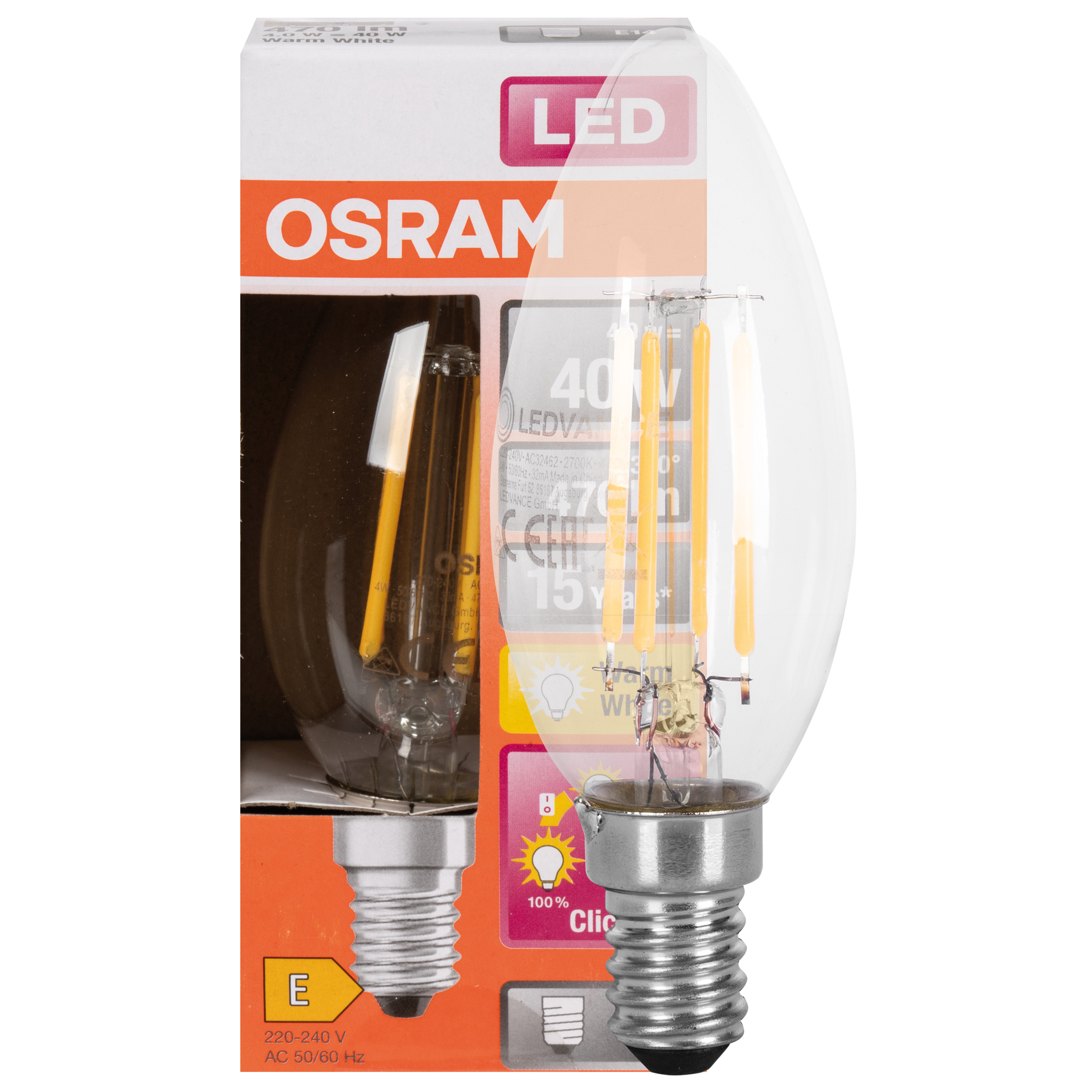 LED-Filament-Lampe, CLASSIC B, THREE STEP DIM, Kerzen-Form, klar, E14/4W (40W), 470 lm, 2700K ...
