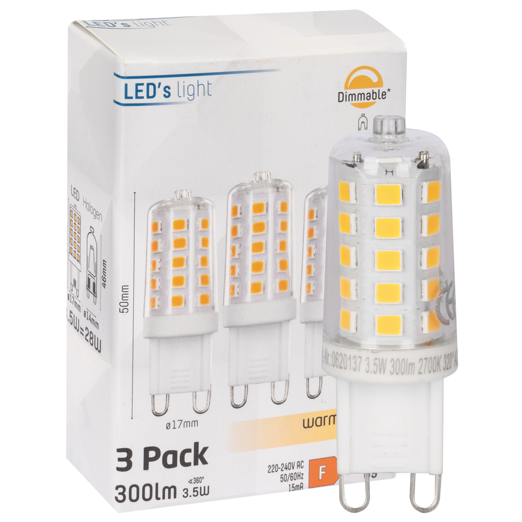 LED-Stiftsockellampe, 3er-Set, klar, G9/3,5W (28W), 300 lm, 2700K, dimmbar - LED-Stiftlampen, G9 ...