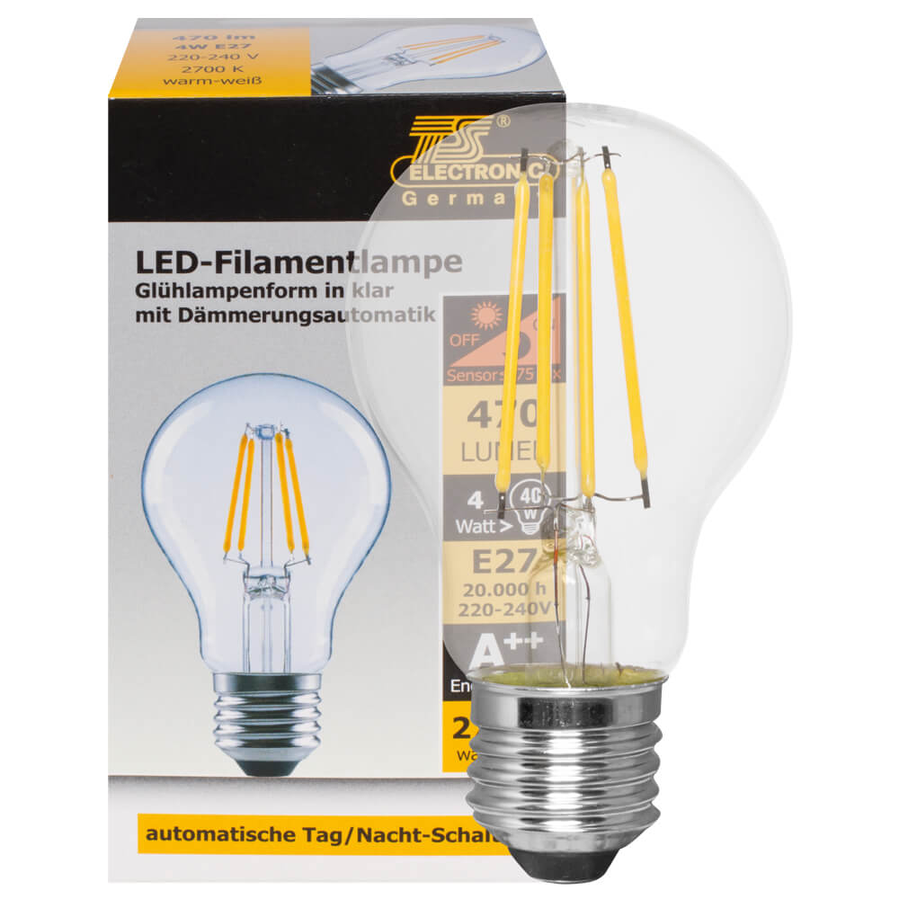 LED-Filament-Lampe, AGL-Form, klar, E27, 2700K, mit Dämmerungssensor - CEE-Steckgeräte, 3-polig ...
